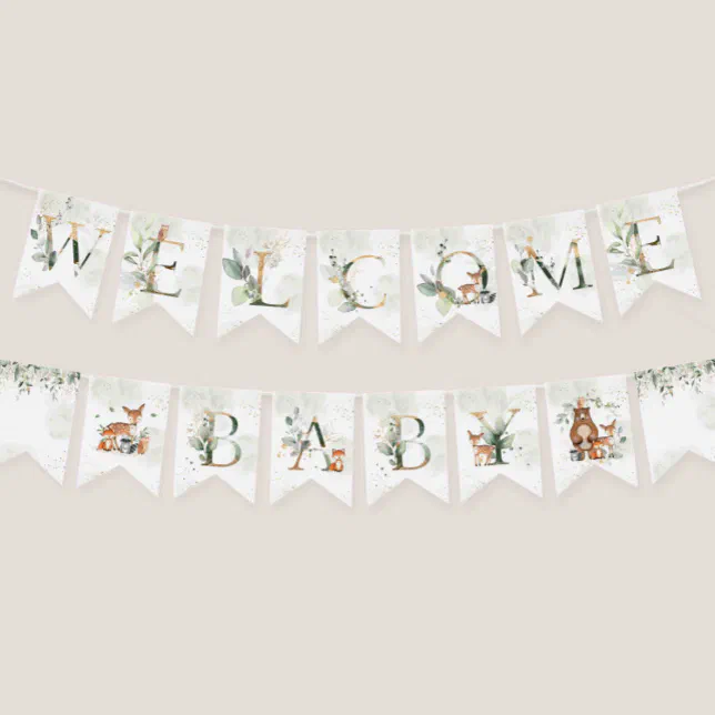 Greenery Woodland Animals Baby Shower Decorations Bunting Flags | Zazzle