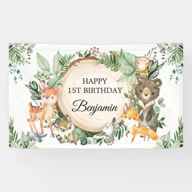 Greenery Woodland Forest Animals Happy Birthday Banner | Zazzle