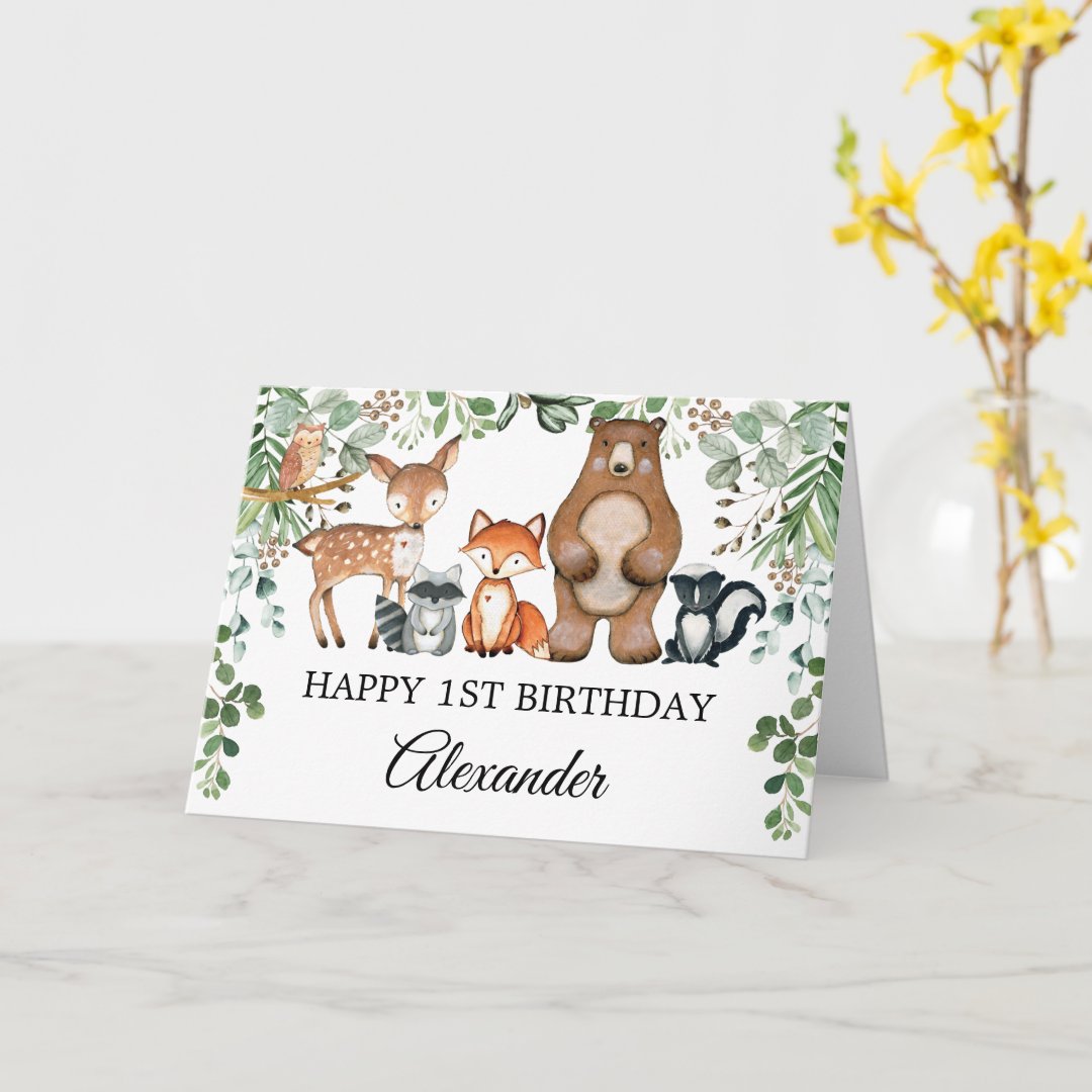 Greenery Woodland Forest Animals Happy Birthday Card | Zazzle