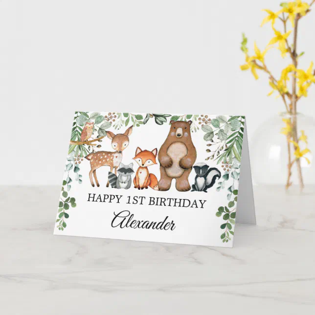 Greenery Woodland Forest Animals Happy Birthday Card | Zazzle