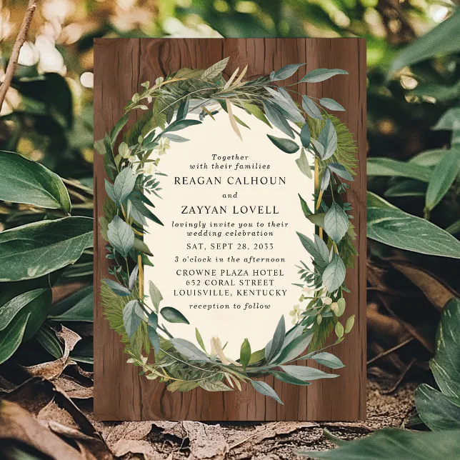 Greenery Wreath and Wood Rustic Nature Wedding Invitation | Zazzle