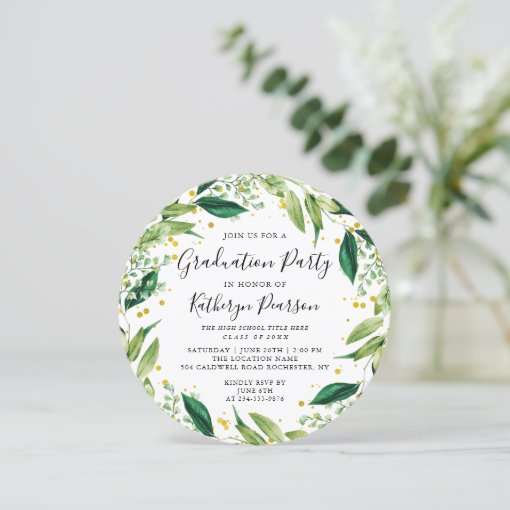 Greenery Wreath Black Gold Glitter Graduation Invi Invitation | Zazzle