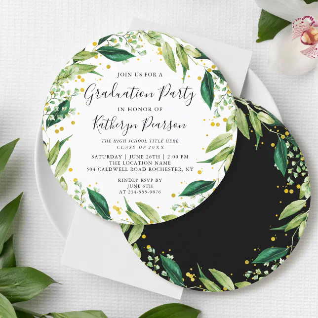 Greenery Wreath Black Gold Glitter Graduation Invi Invitation | Zazzle