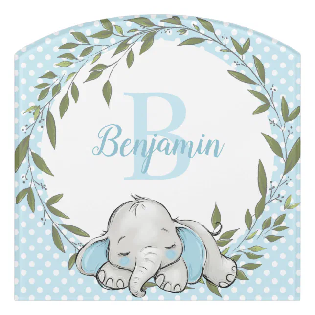 Greenery Wreath Blue Elephant Personalized Boy Door Sign | Zazzle