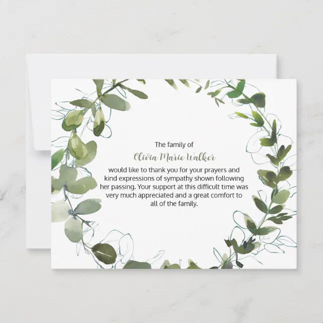 Greenery Wreath Funeral Script Thank You Note Card | Zazzle