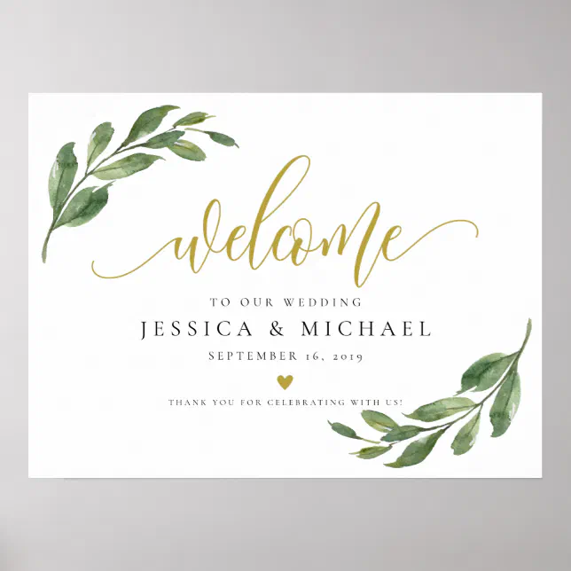 Greeny Leaf calligraphy Welcome Wedding Sign | Zazzle