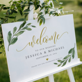 Greeny Leaf calligraphy Welcome Wedding Sign | Zazzle