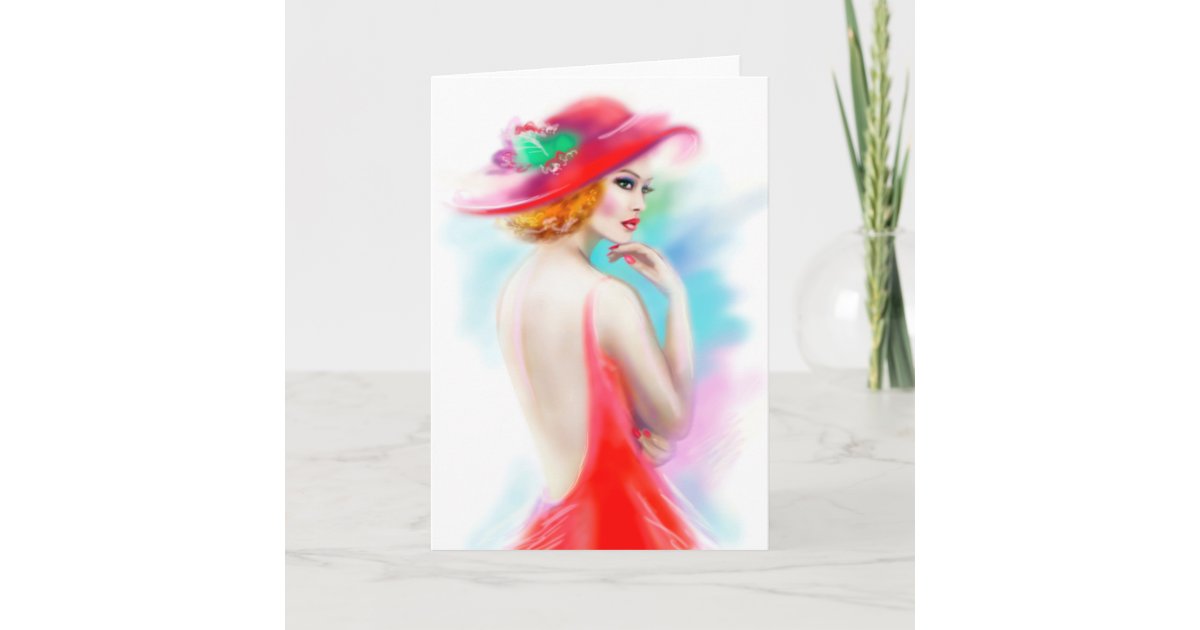 Greeting Card beautiful woman in red hat | Zazzle