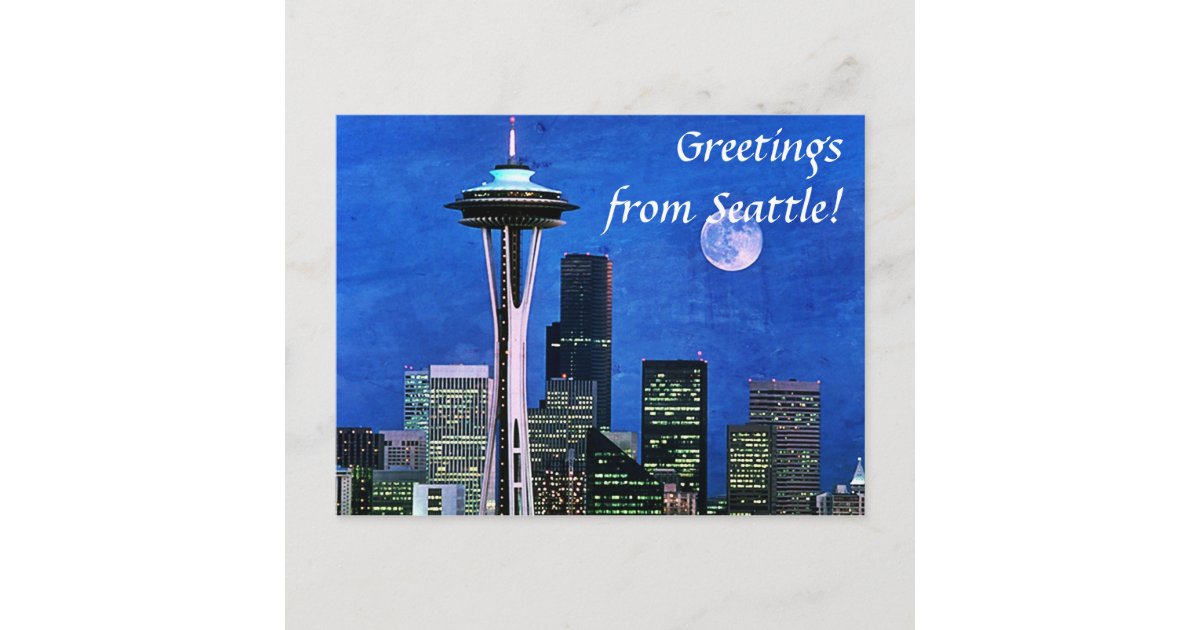 Greetings from Blue Seattle Skyline Postcard | Zazzle