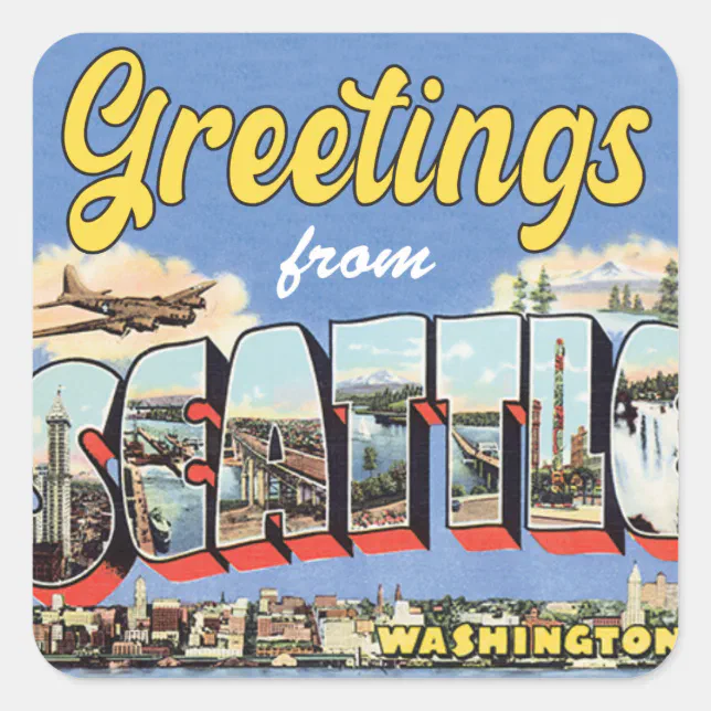 Greetings from Seattle Vintage Travel Square Sticker | Zazzle