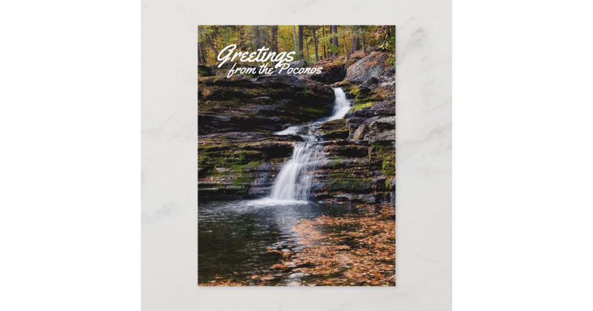 Greetings from the Poconos Autumn Waterfall Scene Postcard | Zazzle