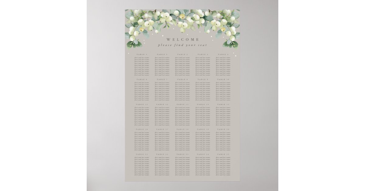 Greige 24x36" 25 Tables of 10 Seating Chart Poster | Zazzle