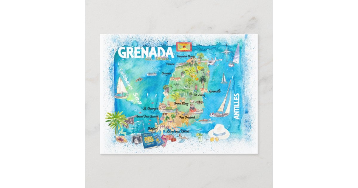 Grenada Antilles Illustrated Caribbean Travel Map Postcard | Zazzle