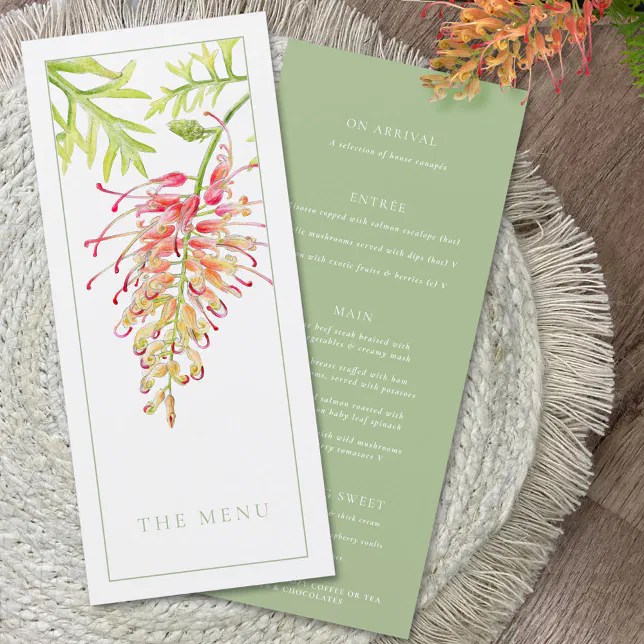 Grevillea watercolor floral green wedding menu | Zazzle