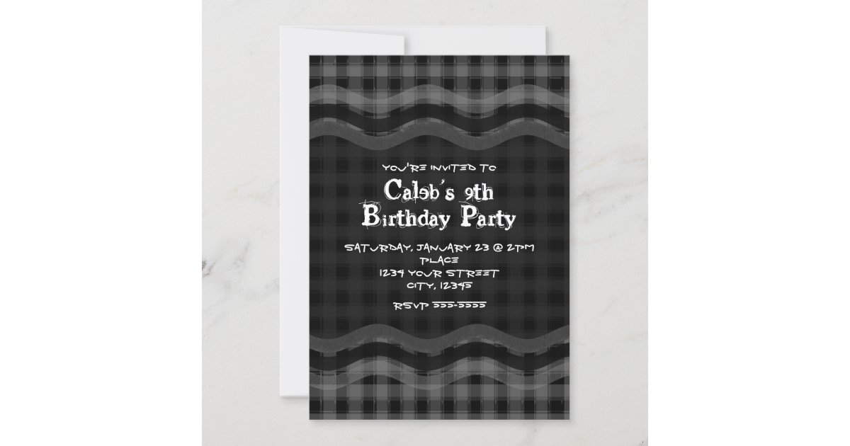 Grey Black Checkered Checker Plaid Party Invitation | Zazzle