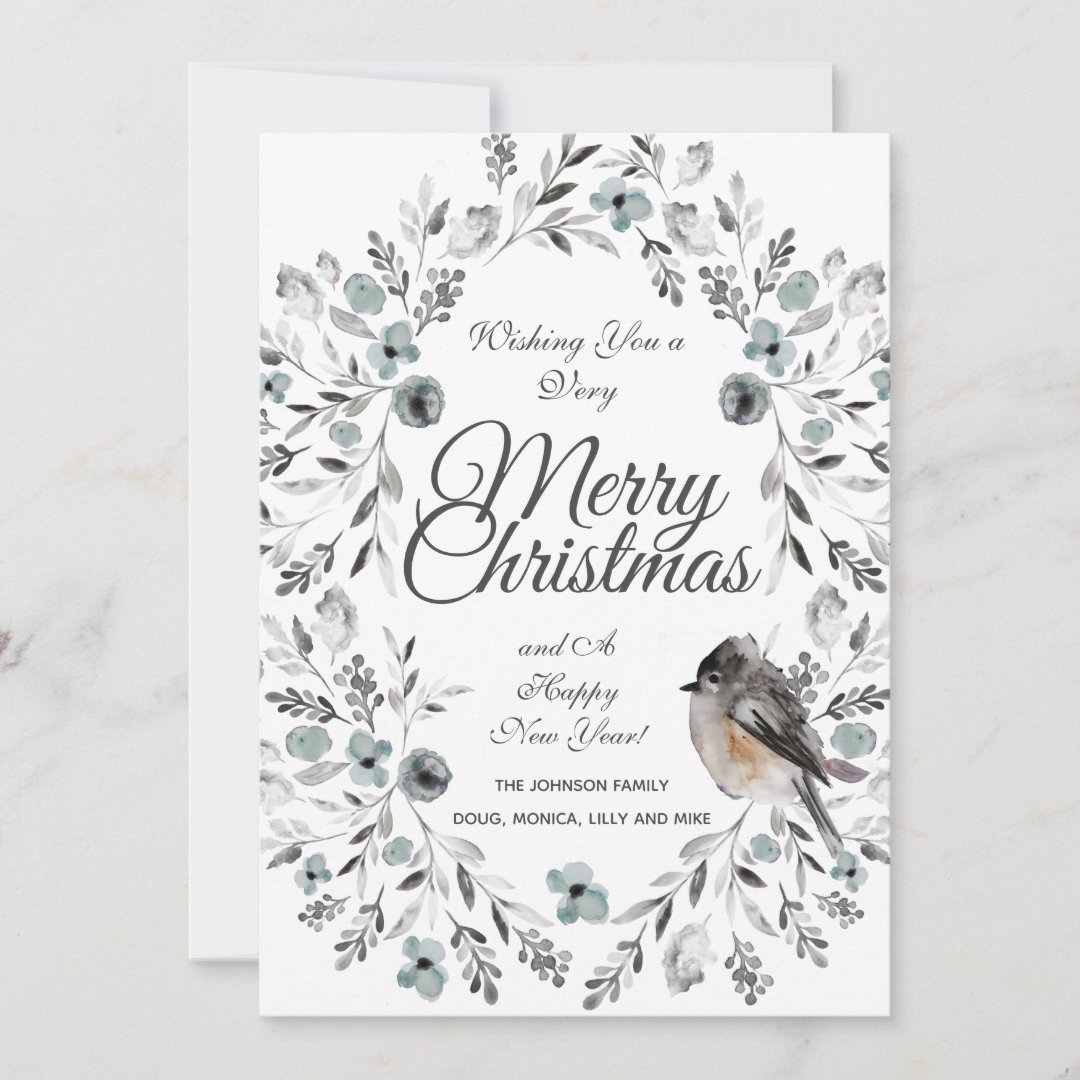 Grey Blue Floral Buffalo Check Photo Christmas Holiday Card | Zazzle