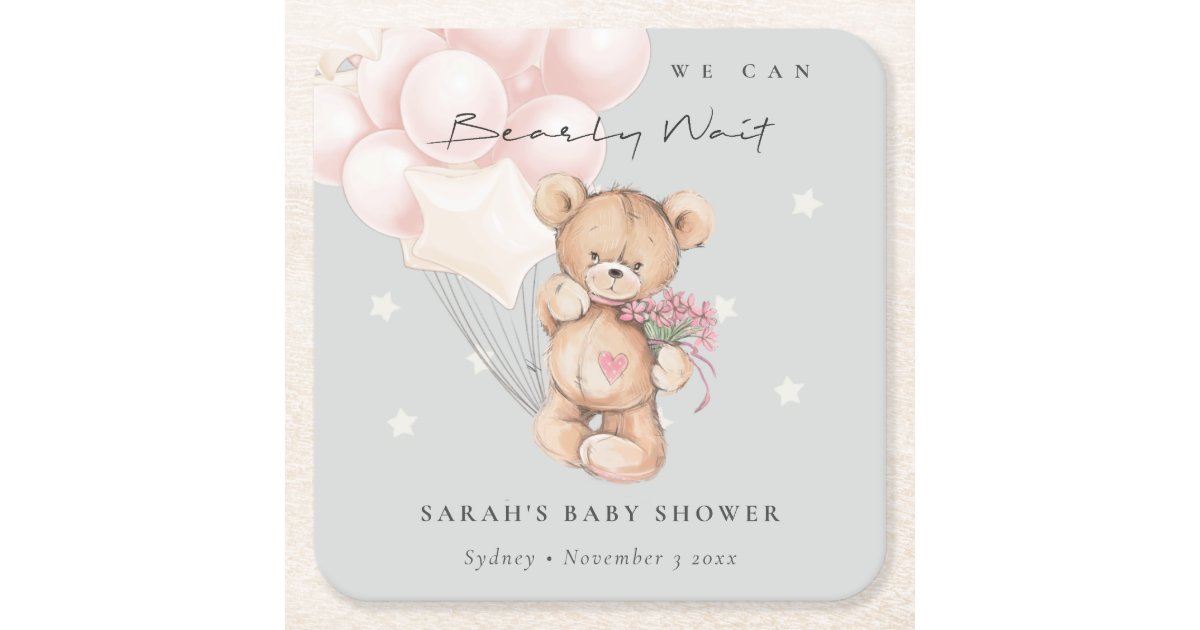 Grey Blush Bearly Wait Bear Balloon Baby Shower Square Paper Coaster ...