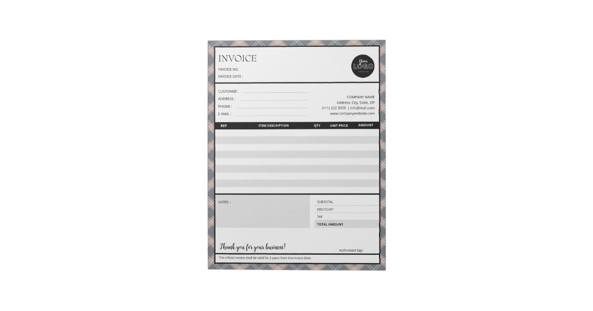 Grey Border Minimalist Business Invoice Template Notepad | Zazzle