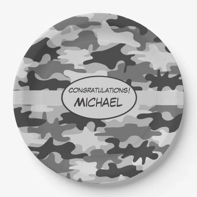 Grey Camouflage Congratulations Name Personalized Paper Plates | Zazzle