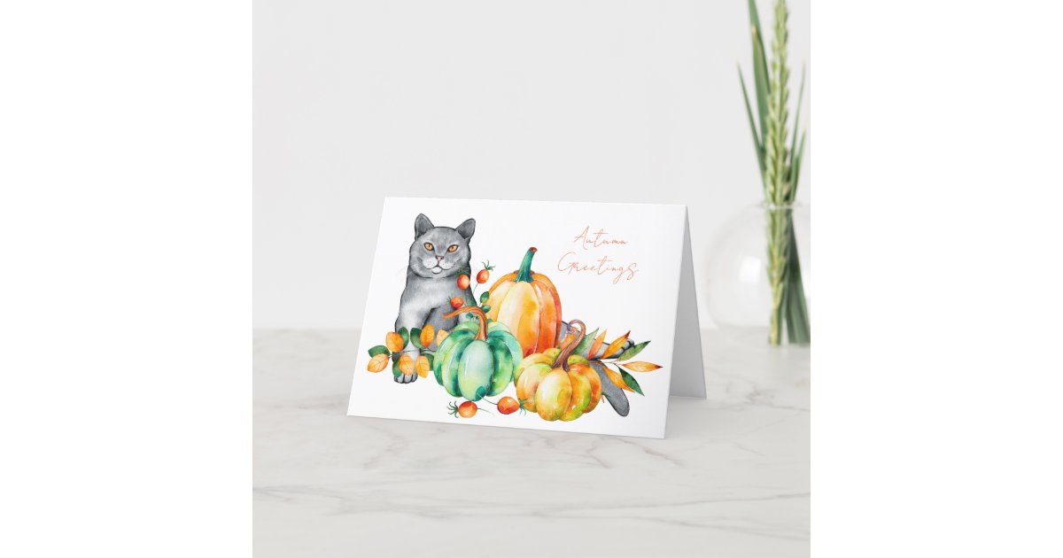 Grey Cat and Pumpkins Watercolor Thanksgiving Card | Zazzle