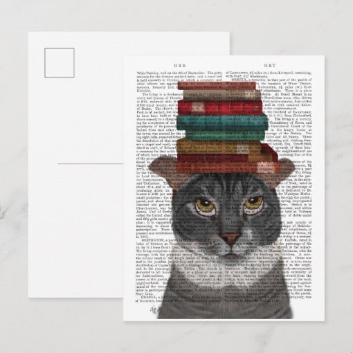 Grey Cat with Books on Head Postcard | Zazzle