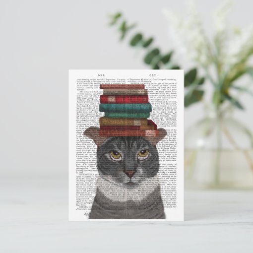 Grey Cat with Books on Head Postcard | Zazzle