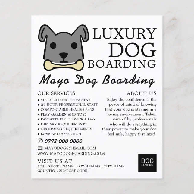 Grey Dog with Bone, Dog Boarding, Advertising Flyer | Zazzle