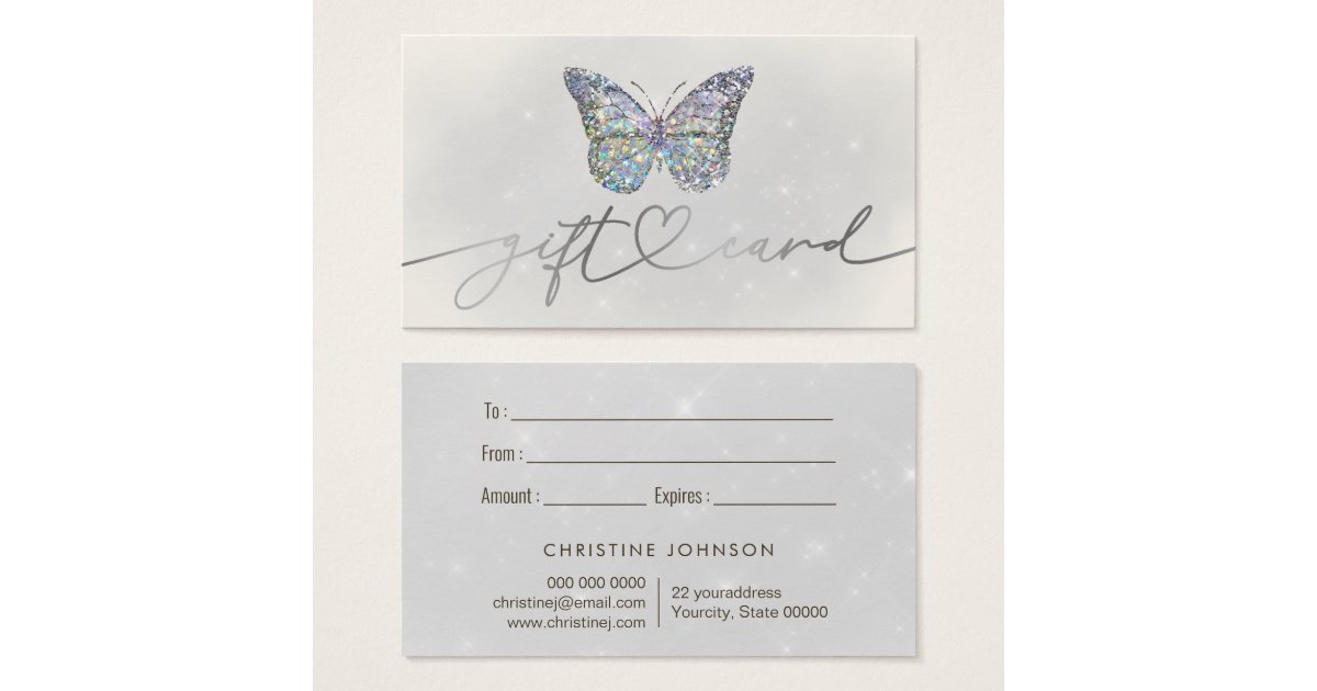 grey glitter butterfly gift card | Zazzle