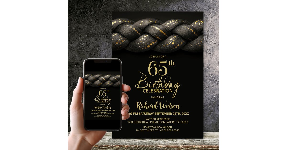 Grey Gold Braid 65th Birthday Party Invitation | Zazzle
