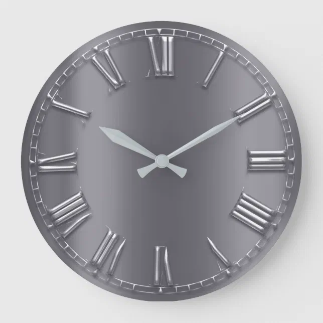 Grey Graphite Metallic Silver Gray Roman Numbers Large Clock | Zazzle