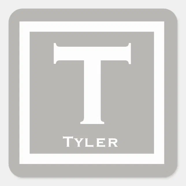 Grey Initial Name Kids Boy Party Back to School Square Sticker | Zazzle