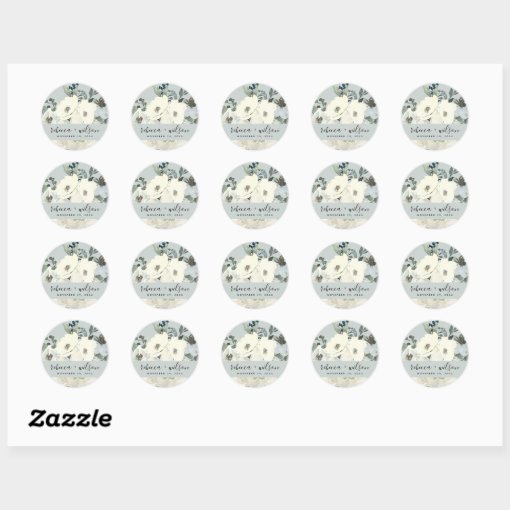 GREY IVORY WHITE FLORAL WATERCOLOR BUNCH WEDDING CLASSIC ROUND STICKER ...