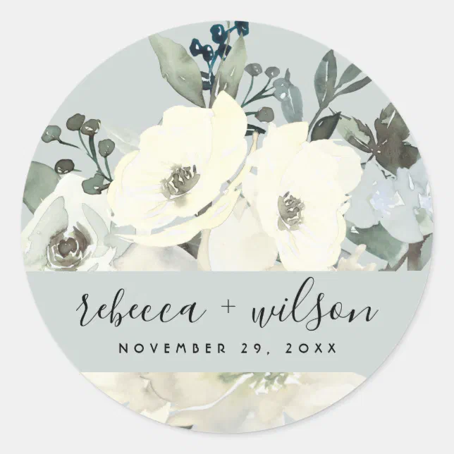 GREY IVORY WHITE FLORAL WATERCOLOR BUNCH WEDDING CLASSIC ROUND STICKER ...