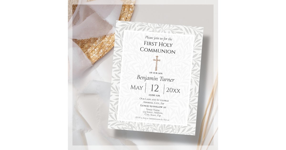 Grey Leaf | First Communion Budget Invitation | Zazzle