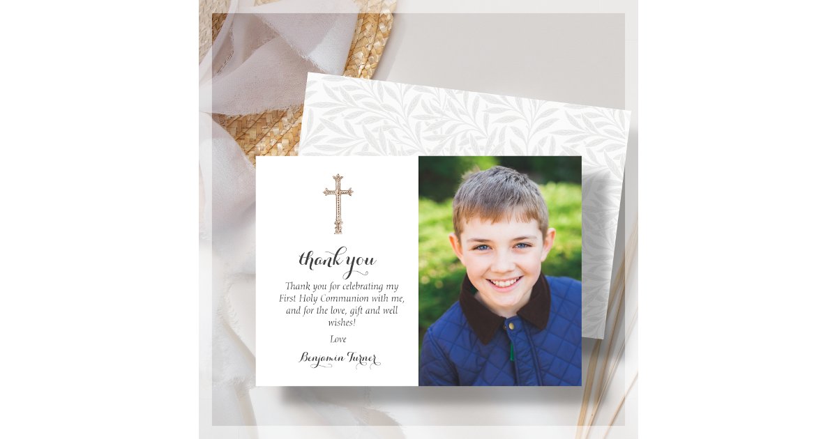 Grey Leaf | First Communion Thank You Cards | Zazzle
