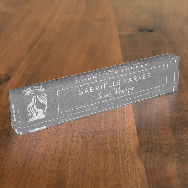 Grey Leather and Silver Logo Hair Salon Manager Desk Name Plate | Zazzle