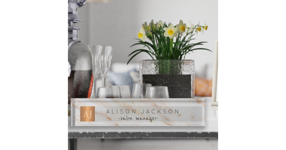 Grey marble gold steel copper metallic monogram name plate | Zazzle