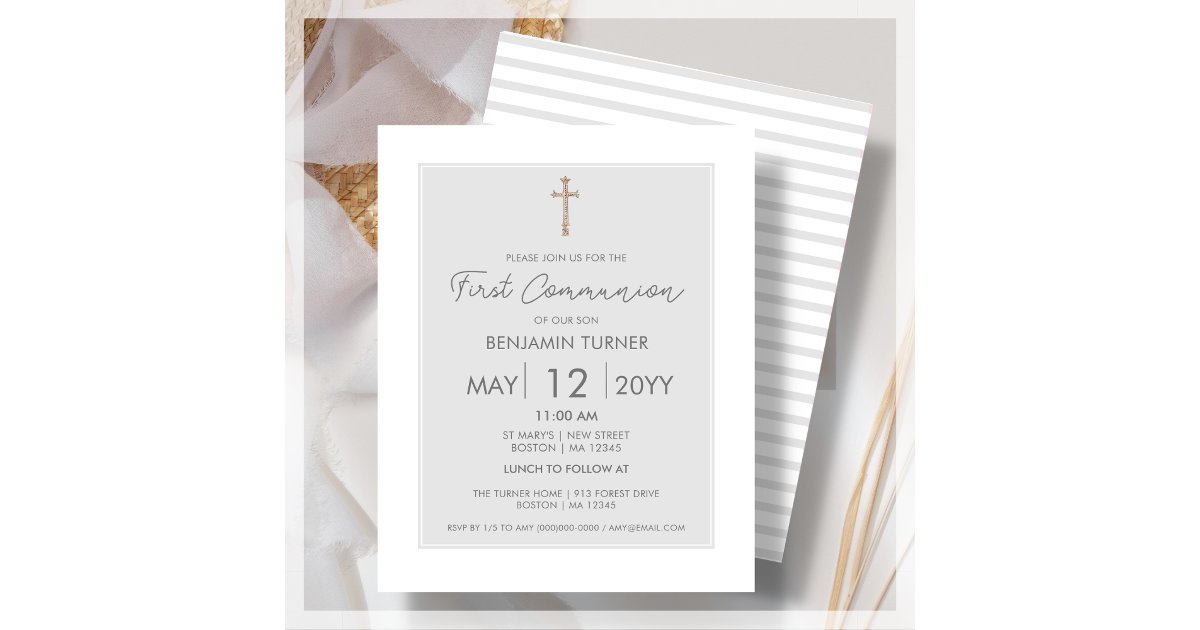 Grey | Modern First Communion Budget Invitation | Zazzle