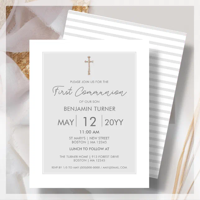 Grey | Modern First Communion Budget Invitation | Zazzle