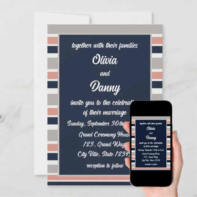 Grey Navy Blue Pink Coastal Stripes Wedding Invitation | Zazzle