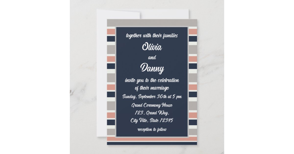 Grey Navy Blue Pink Coastal Stripes Wedding Invitation | Zazzle
