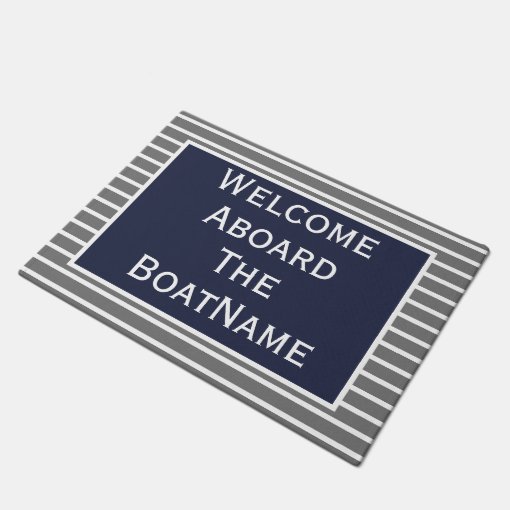 Grey & Navy Blue Welcome Aboard Boat Doormat | Zazzle