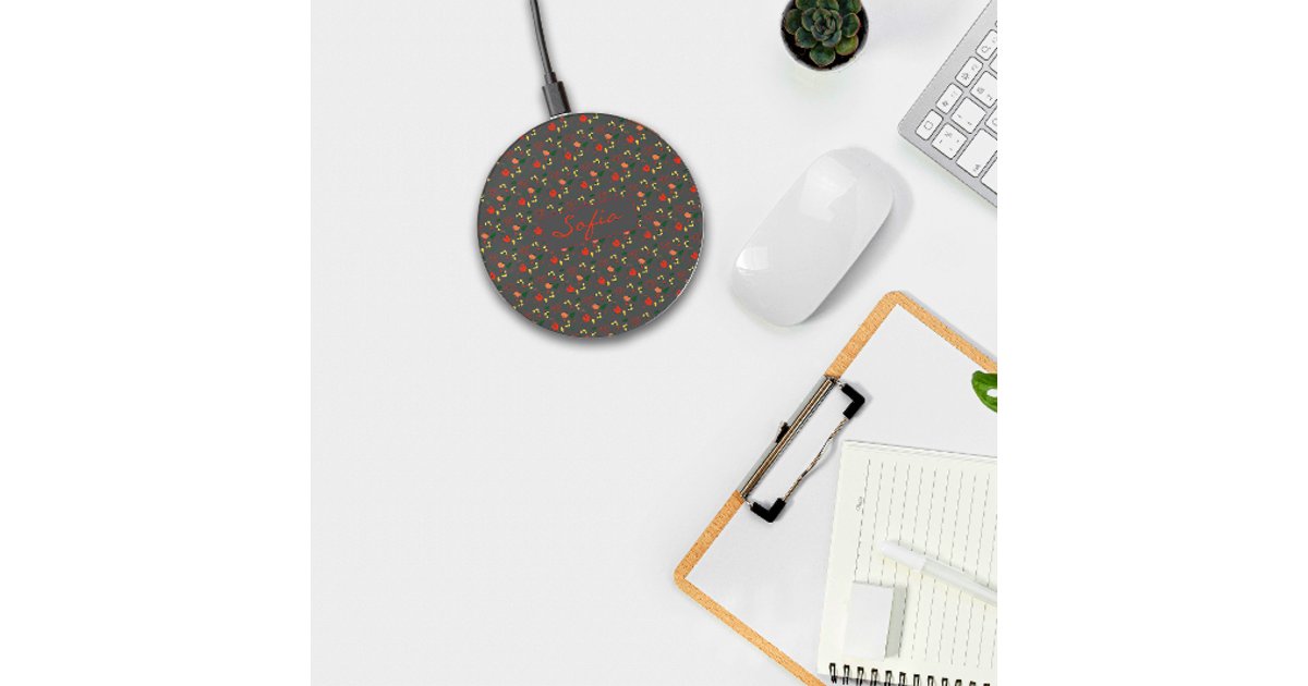 Grey pattern wildflowers red poppy Wireless Charger | Zazzle