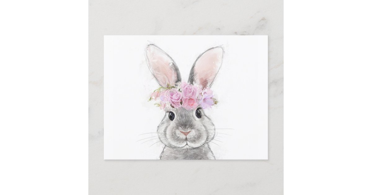 Grey Rabbit with Flower Crown Portrait Postcard | Zazzle