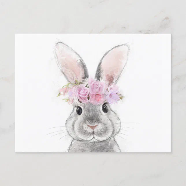 Grey Rabbit with Flower Crown Portrait Postcard | Zazzle