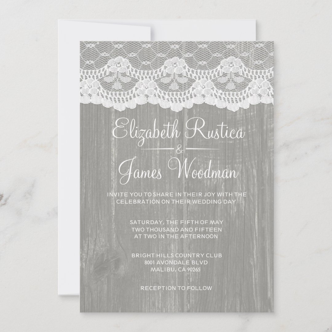 Grey Rustic Lace & Barn Wood Wedding Invitations | Zazzle