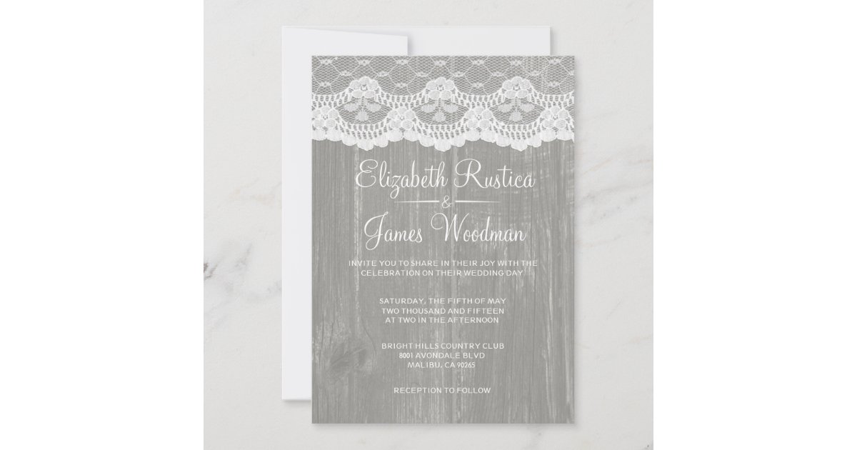 Grey Rustic Lace & Barn Wood Wedding Invitations | Zazzle