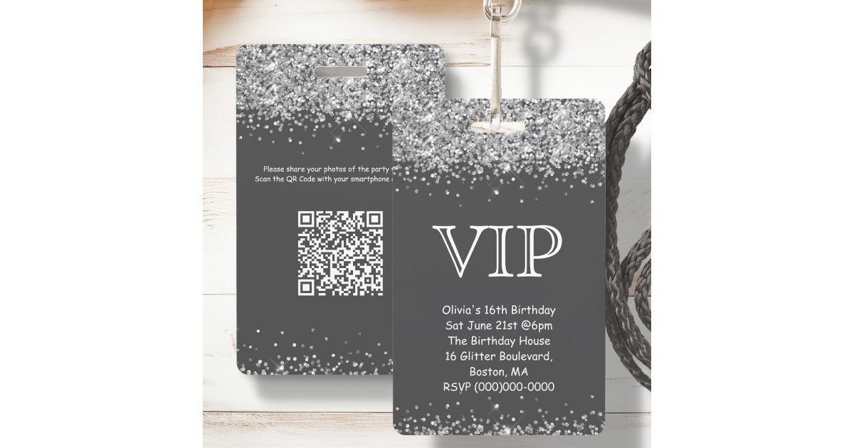 Grey & Silver Glitter | VIP Birthday Invitation Badge | Zazzle