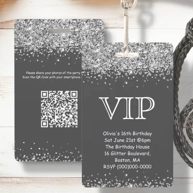 Grey & Silver Glitter | VIP Birthday Invitation Badge | Zazzle