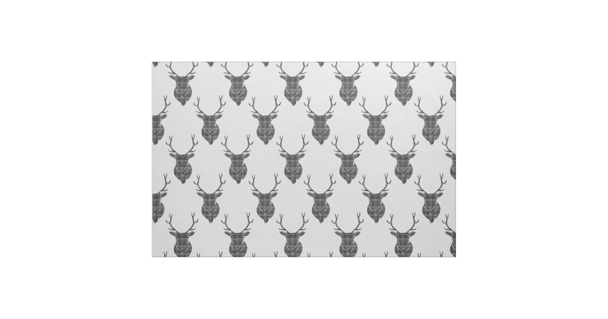 Grey Tartan Stag Head Antler Rustic Pattern Fabric | Zazzle